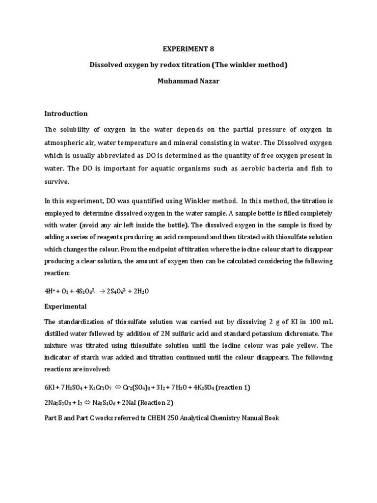 Oxygen Determination in Water | PDF | Titration | Chemistry