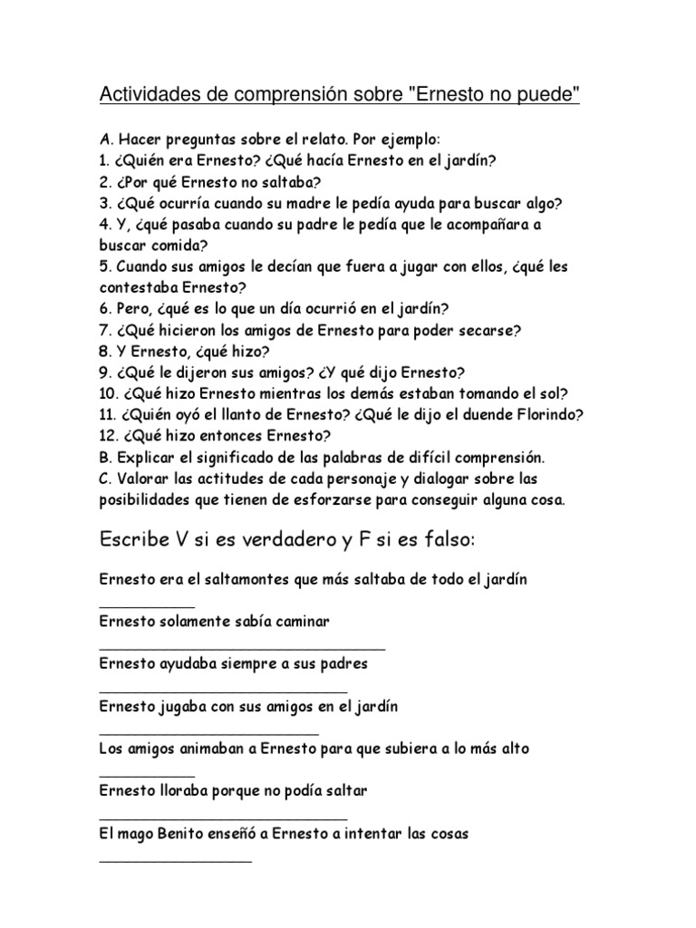 Actividades sobre "Ernesto no puede" | PDF | Artes del Lenguaje y ...