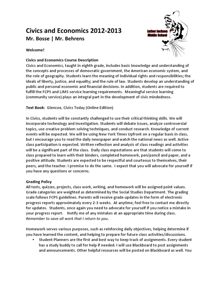 Civics and Economics Syllabus 12-13 | PDF | Civics | Homework