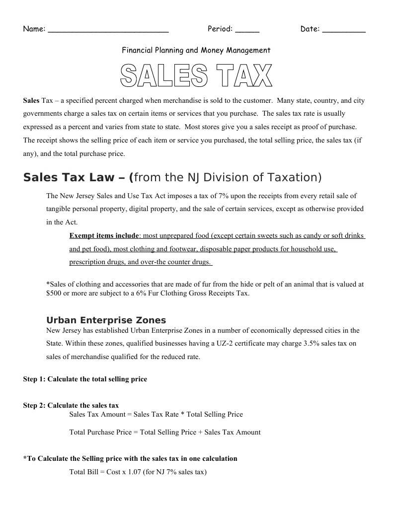 Sales Tax Worksheet For Students Calculating Sales Tax | Worksheet