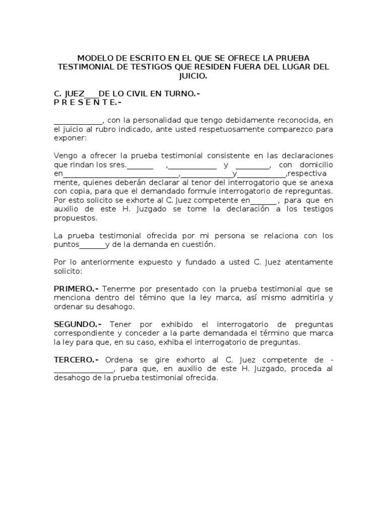 Modelo de Escrito en El Que Se Ofrece La Prueba Testimonial de Testigos ...