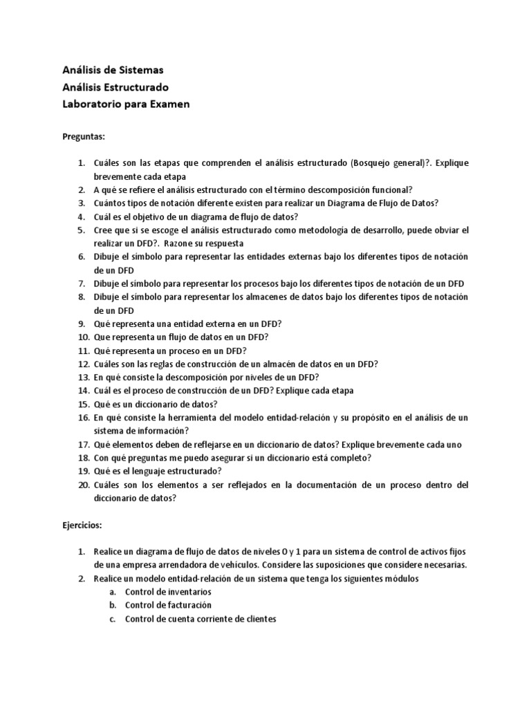 Analisis Estructurado - Laboratorio Con Preguntas y Problemas para Segundo Parcial | PDF ...