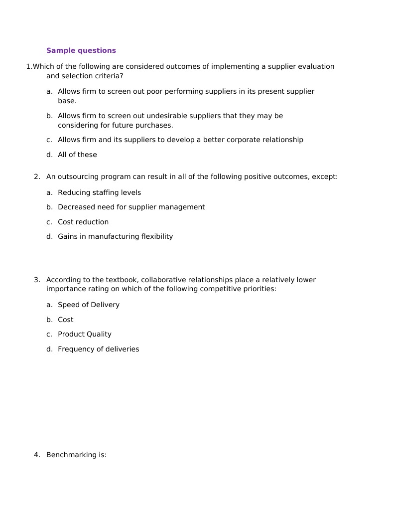 Sample Questions | PDF | Procurement | Supply Chain