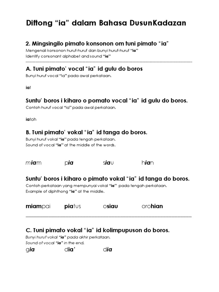 Mari Belajar Bahasa DusunKadazan (Diftong /ia/) | PDF
