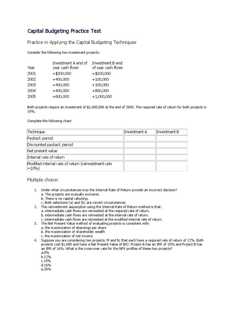 Capital Budgeting Practice Test | PDF | Internal Rate Of Return ...