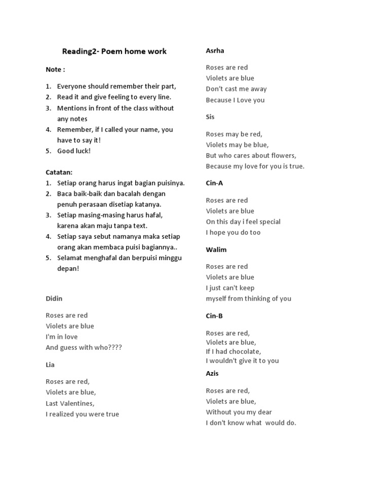 Reading2 - Poem Home Work | PDF