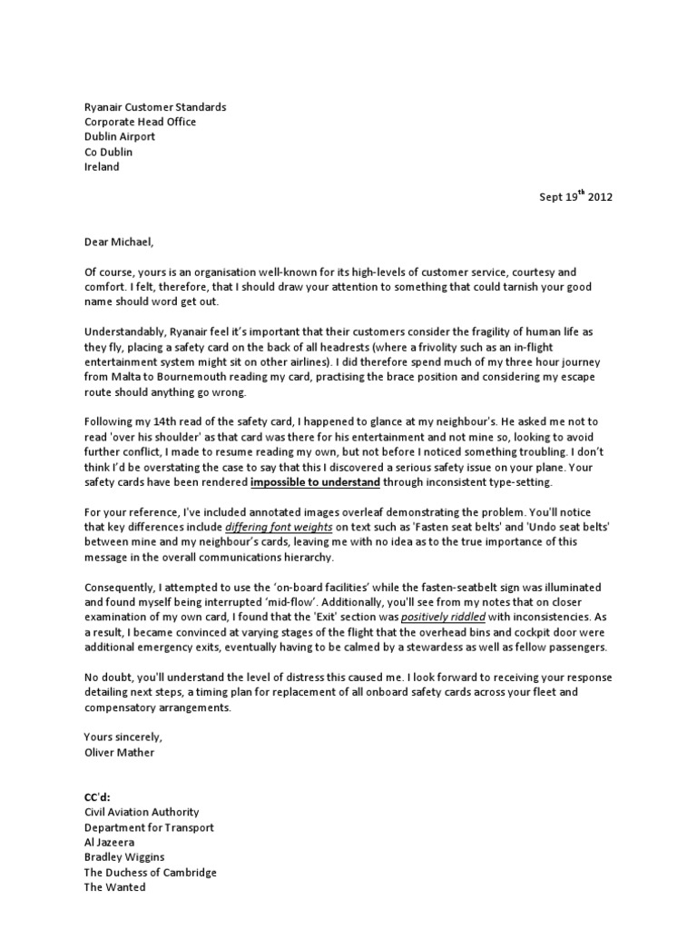 Ryanair Letter | PDF | Transport Safety | Aviation Safety