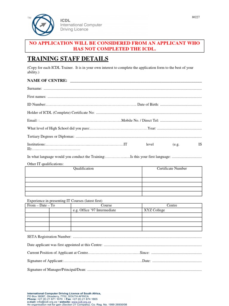 ICDL Trainer Application Form Template | PDF | Educational Stages ...