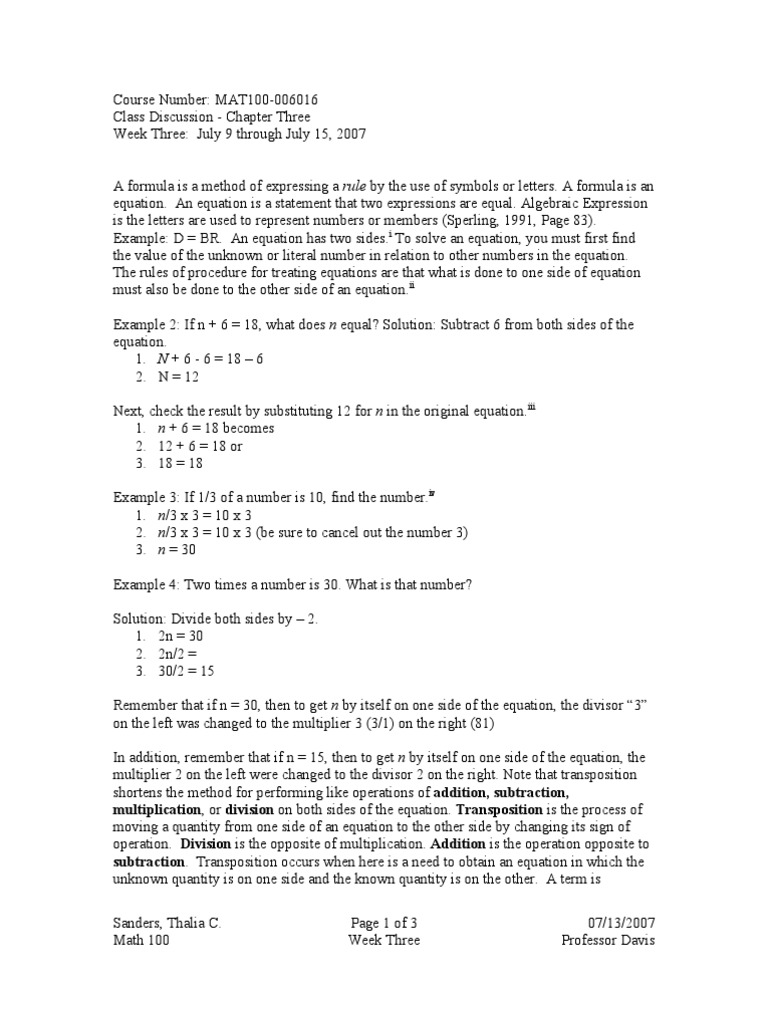 Class Discussion Week 3 | PDF | Division (Mathematics) | Equations