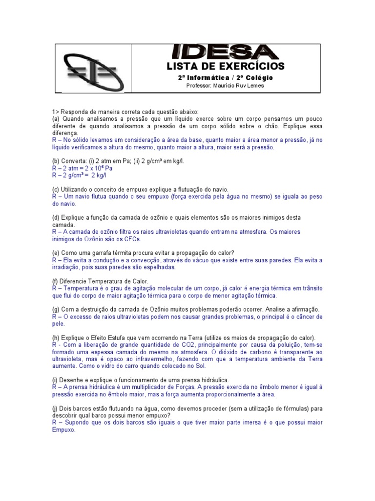 Exerc. Resolvidos Hidrostática | PDF | Flutuabilidade | Pressão