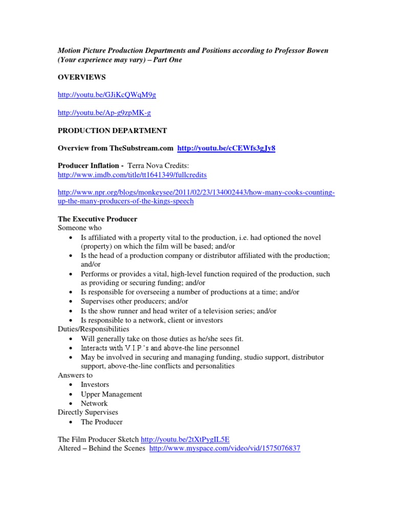 Crew Departments and Positions Part 1 Production | PDF | Filmmaking ...