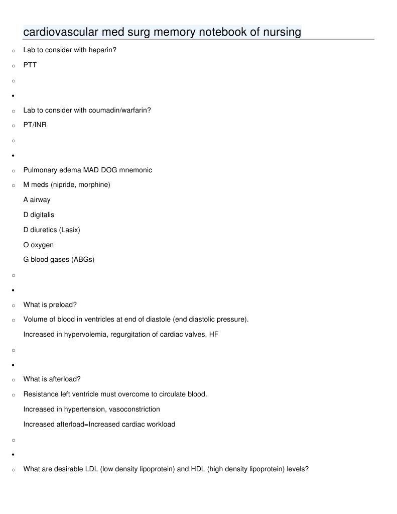 Cardiovascular Med Surg Memory Notebook of Nursing | PDF | Heart ...