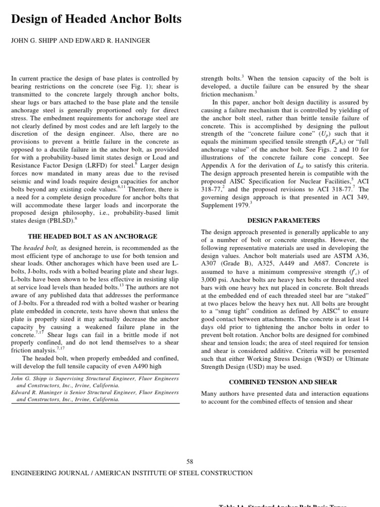 Anchor Bolts Design of Headed Anchor Bolts | PDF | Screw | Strength Of ...