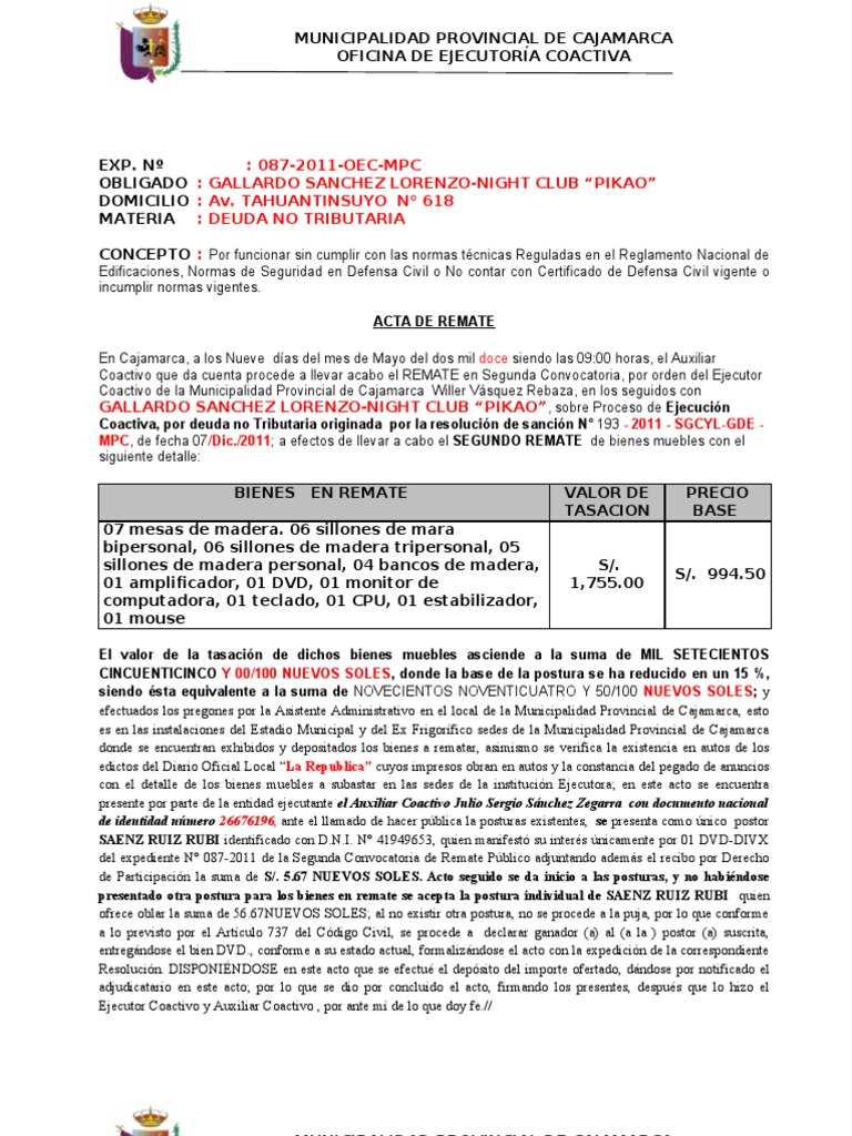 ACTA 2do REMATE Con Bienes Adjudicados | PDF | Subasta | Gobierno