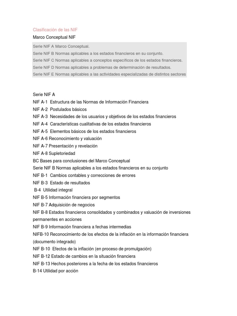 Clasificación de Las NIF | PDF | normas internacionales de INFORMACION ...