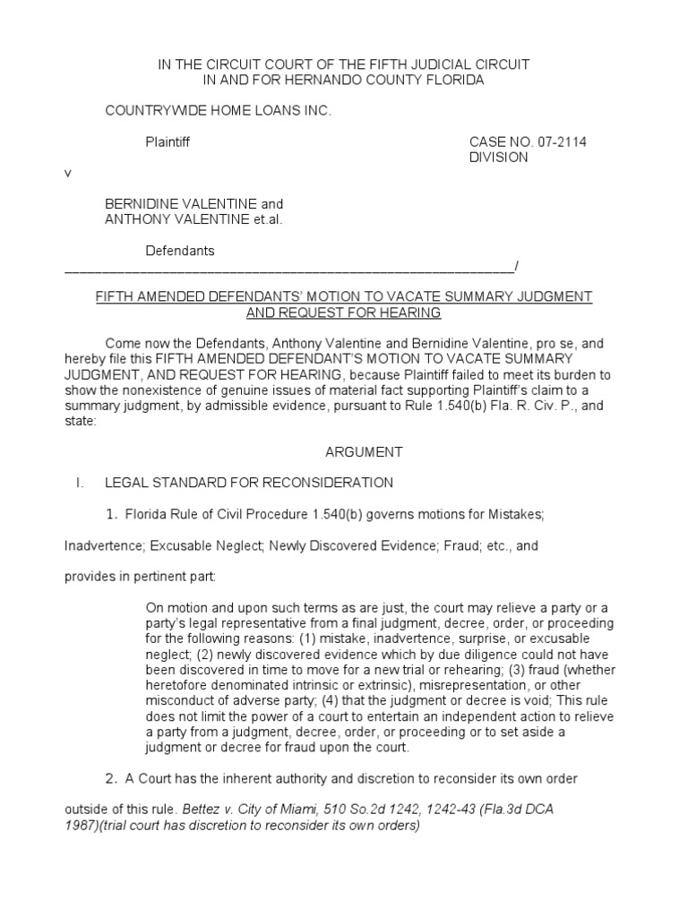 5th Amended Motion to Vacate | Summary Judgment | Affidavit