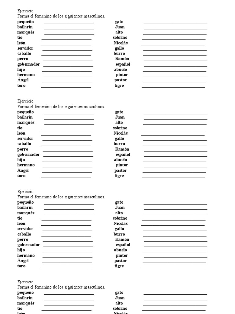 Ejercicio Masculino y Femenino | PDF | Sustantivo