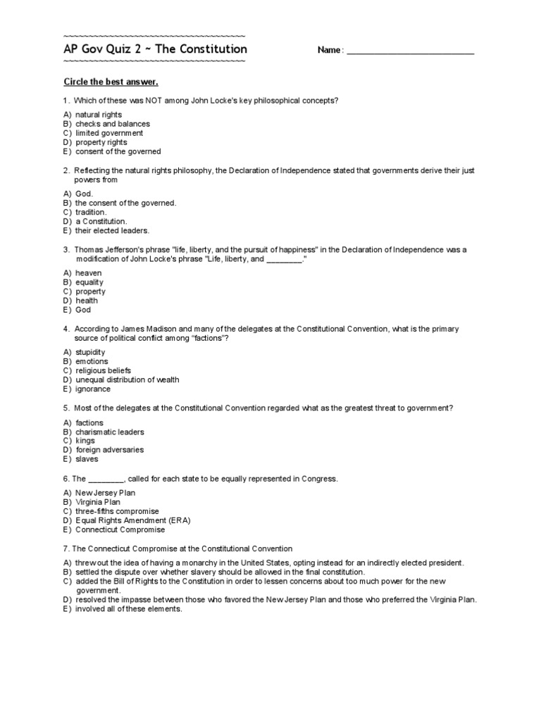 AP Gov Quiz: Constitution Concepts | PDF | James Madison ...