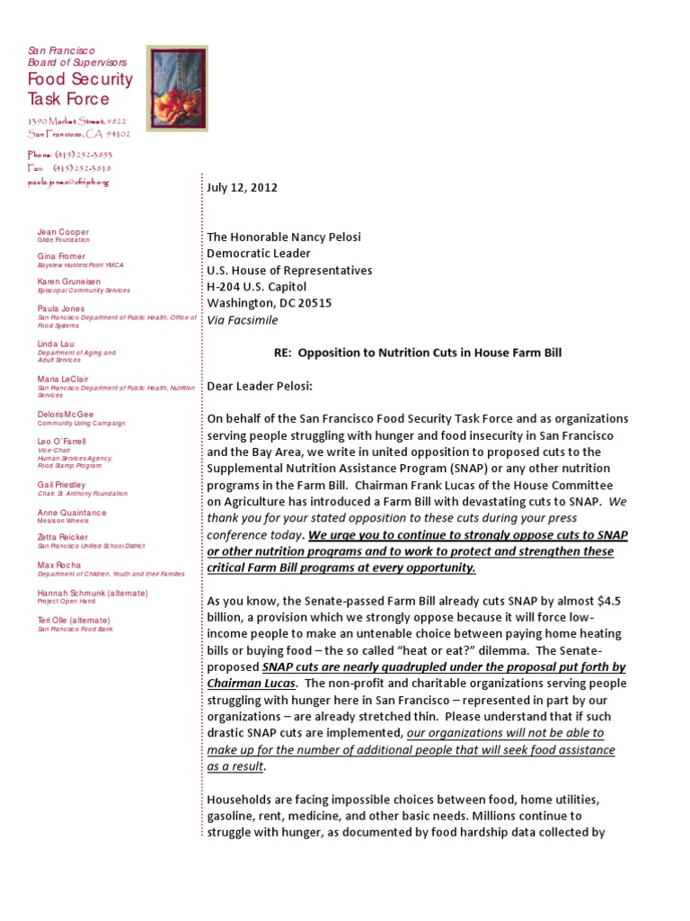 San Francisco Food Security Task Force Letter To Congresswoman Nancy ...