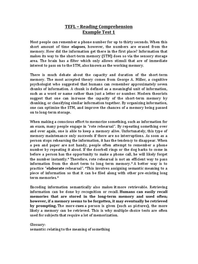 TEFL - Reading Comprehension Example Test 1 | PDF | Memory | Recall ...