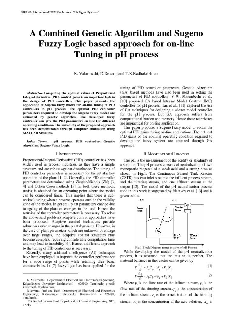 A Combined Genetic Algorithm and Sugeno Fuzzy Logic Based Approach For On-Line Tuning in PH ...
