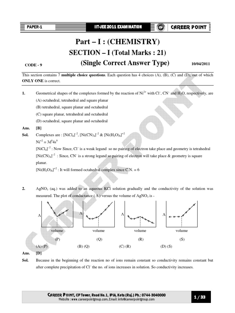 IIT JEE 2011 PAPER 1 Key With Solutions | PDF | Torque | Electron