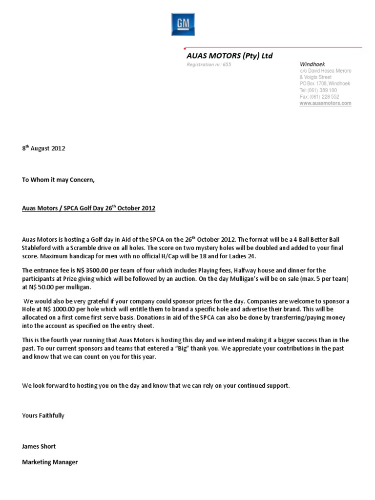 Letter SPCA Golf Day 2012 | PDF | Business