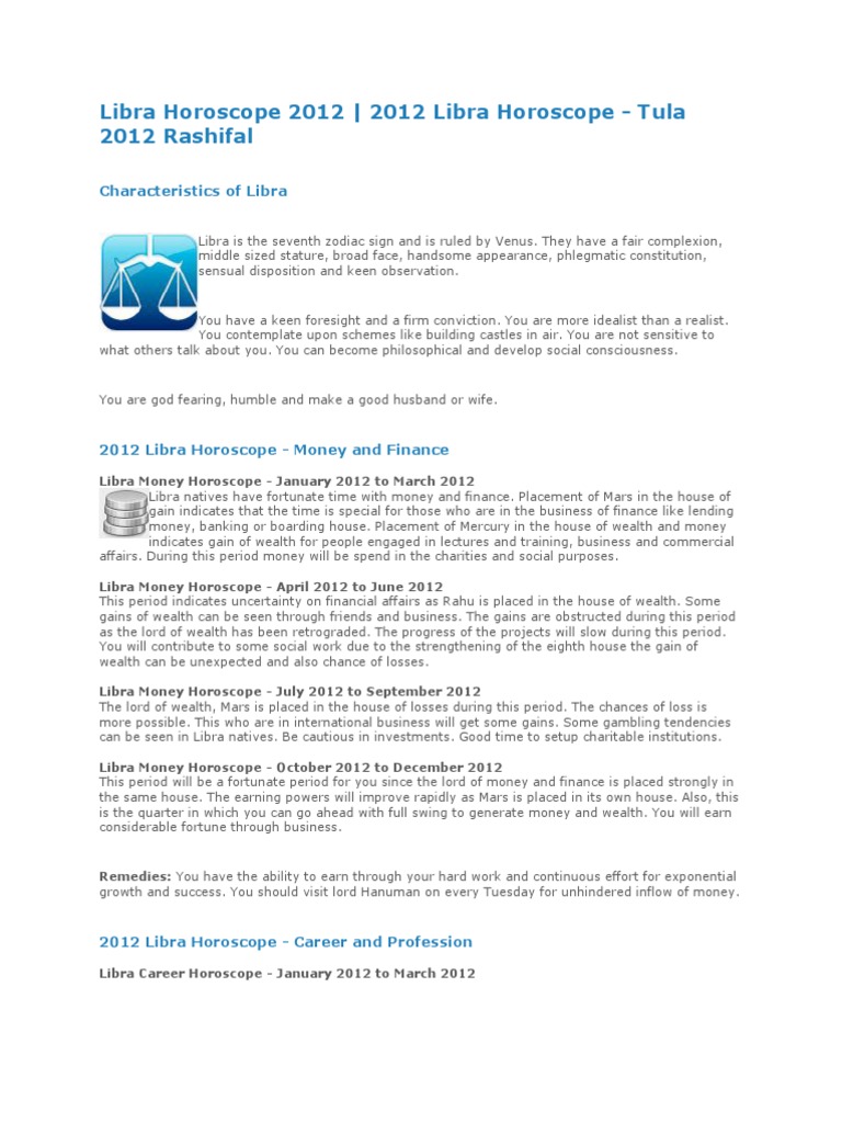 2012 Libra Horoscope Insights and Predictions | PDF | Astrological Sign ...