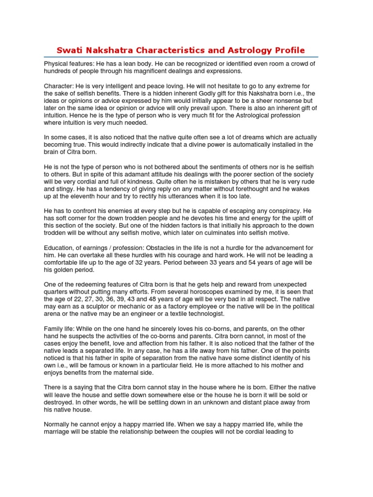 Swati Nakshatra Characteristics and Astrology Profile | PDF