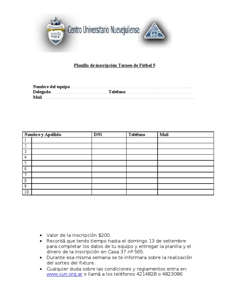 Hojas De Inscripción Para Torneos Para Imprimir
