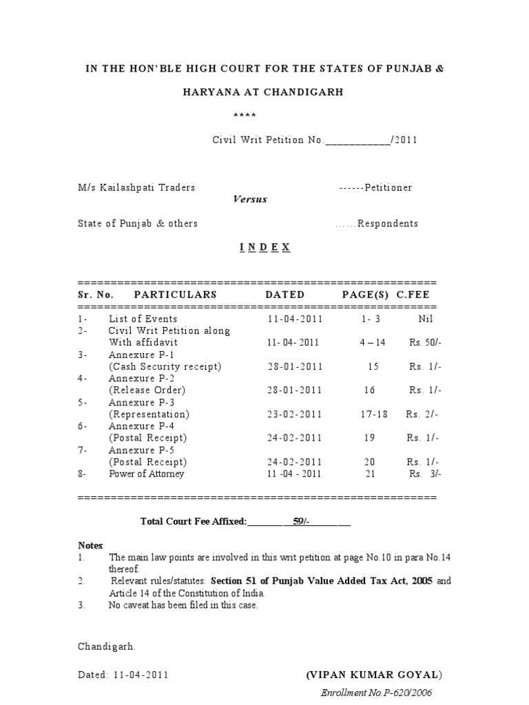 Index - Civil Writ Petition