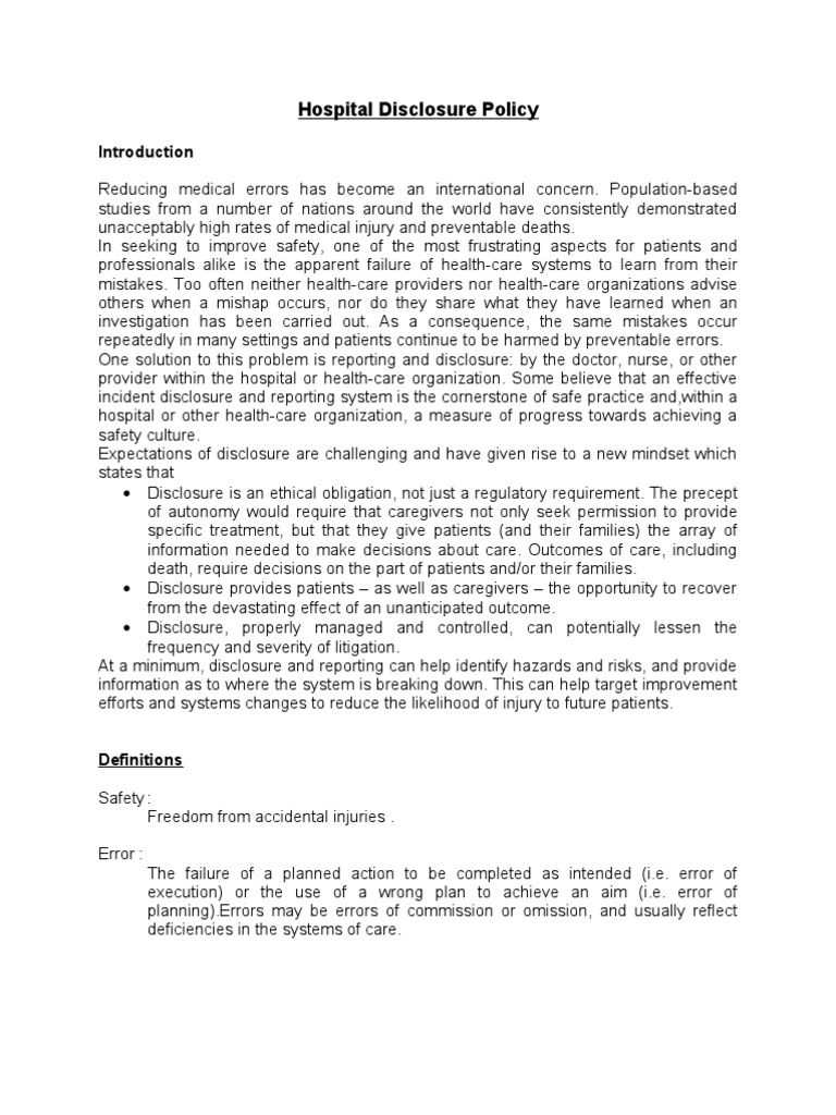 Hospital Disclosure Policy Overview | PDF | Adverse Effect | Patient Safety