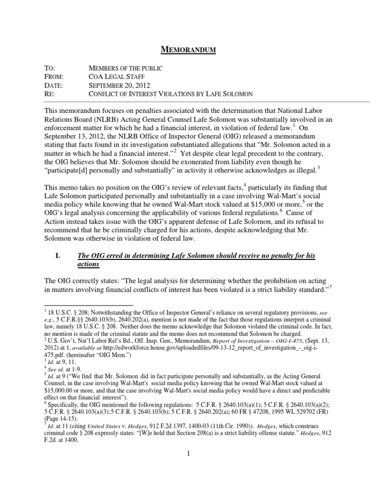 Lafe Solomon Conflict of Interest Memo | PDF | General Services ...