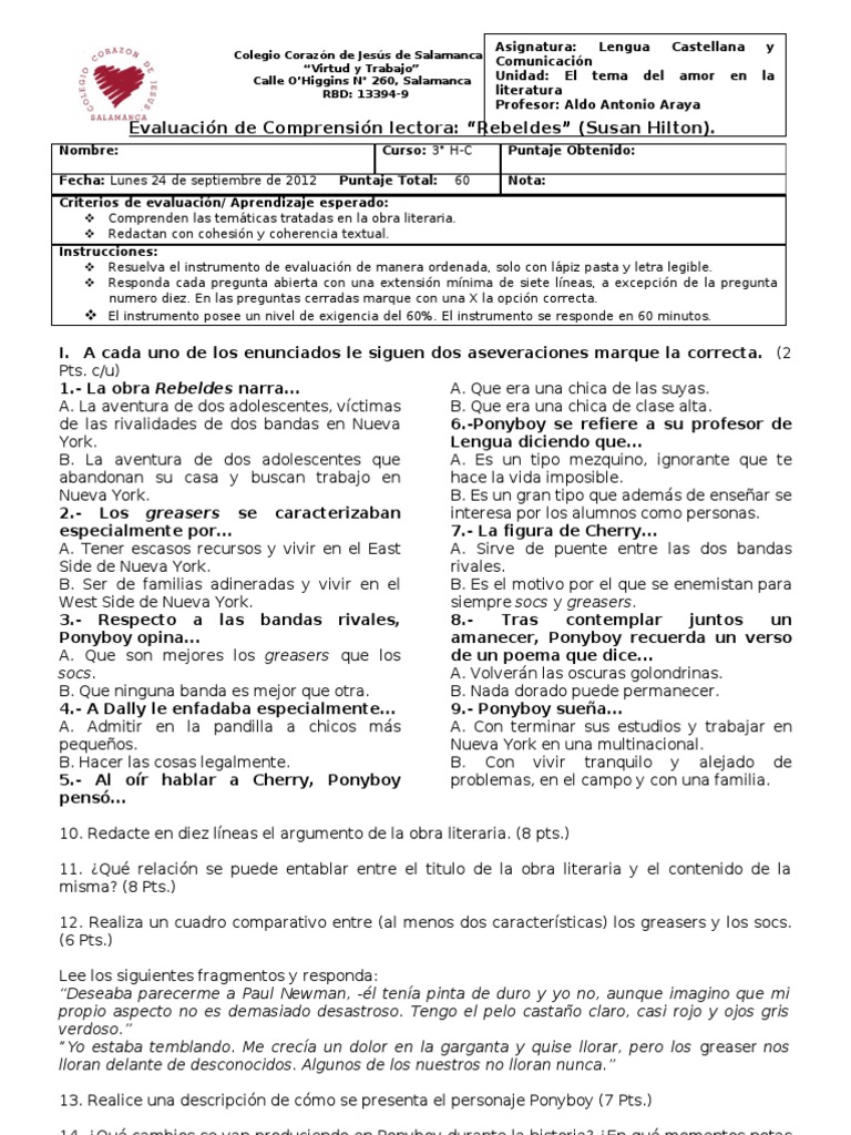Prueba de Rebeldes de Susan Hilton | PDF