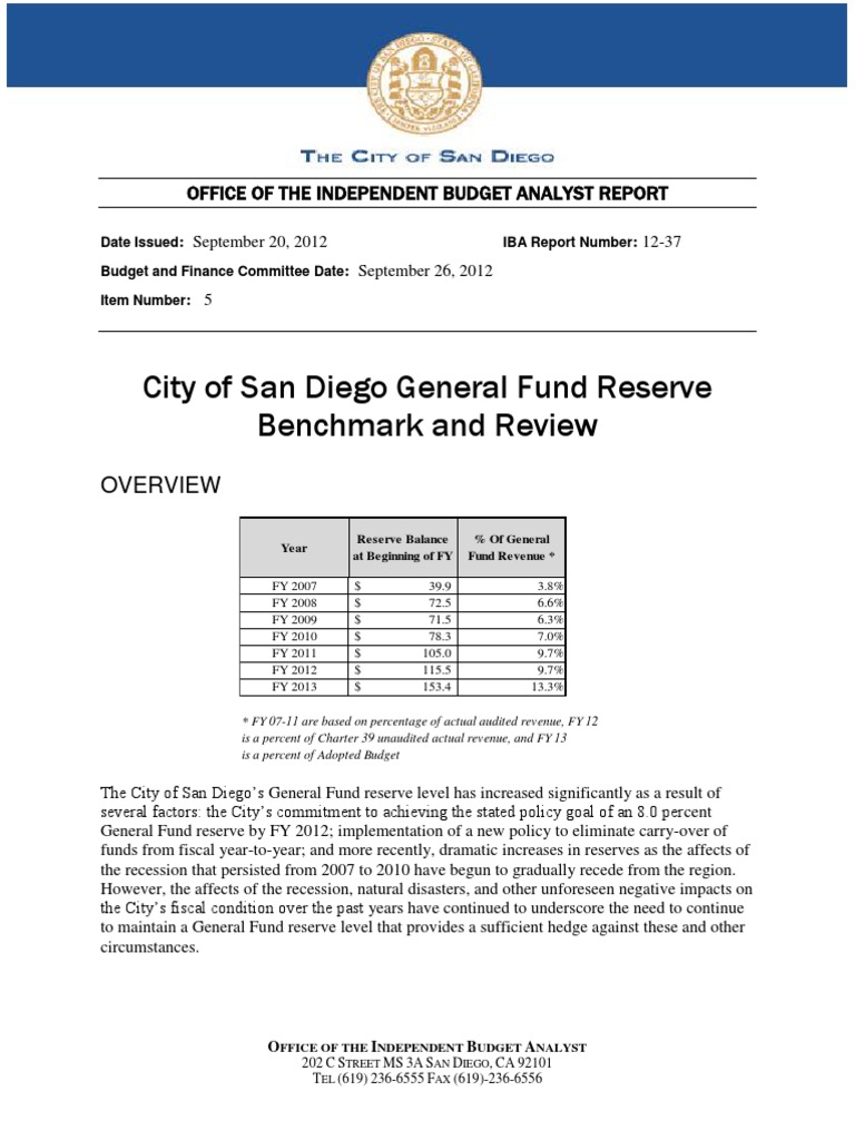 City of San Diego General Fund Reserve Benchmark and Review: Office of ...