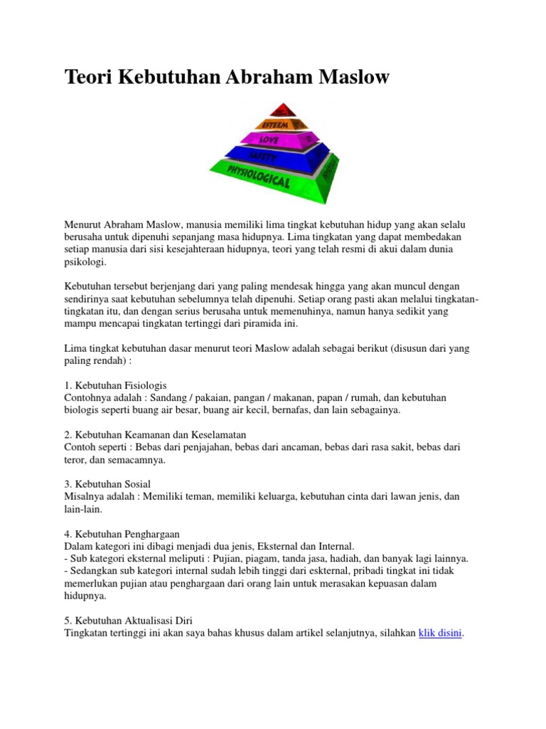 Teori Kebutuhan Abraham Maslow | PDF
