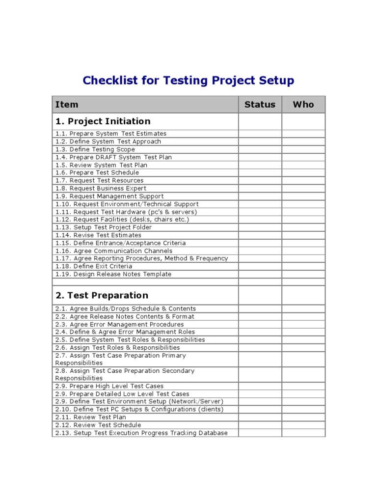 Testing Project Setup Checklist Pdf Software Bug Server Computing