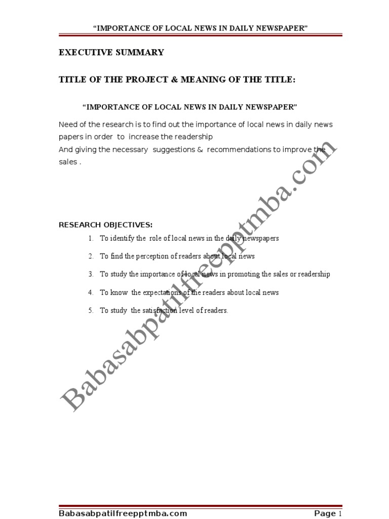 A Project Report On "IMPORTANCE OF LOCAL NEWS IN DAILY NEWSPAPER | PDF ...