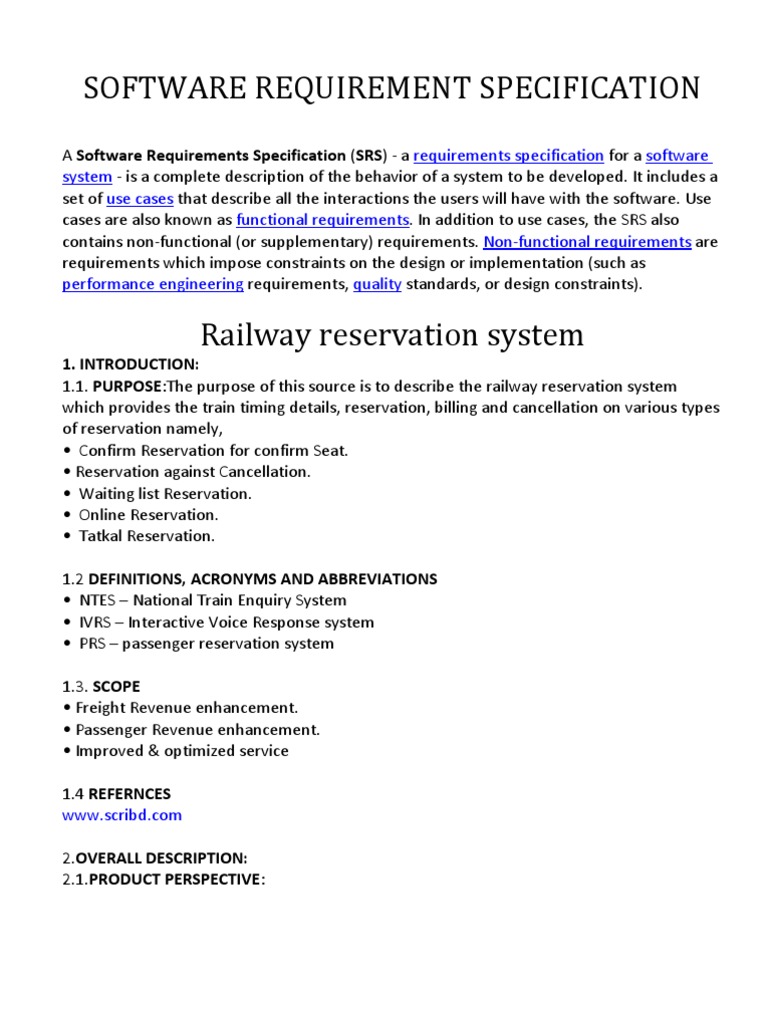 SRS Railway Reservation System | PDF | Use Case | Information Technology Management
