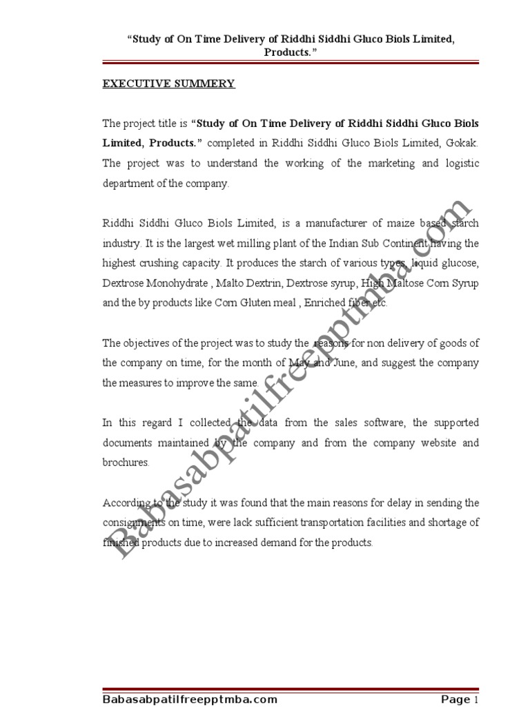 A Project Report On "Study of On Time Delivery of Riddhi Siddhi Gluco Biols Limited, Products ...