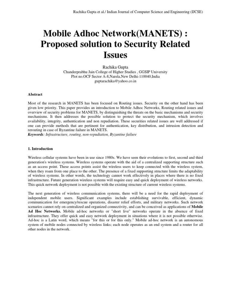 Mobile Adhoc Network (MANETS) : Proposed Solution To Security Related ...