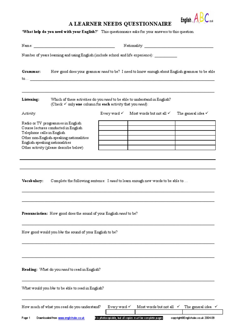 EnglishABC Learner Needs Questionnaire | PDF