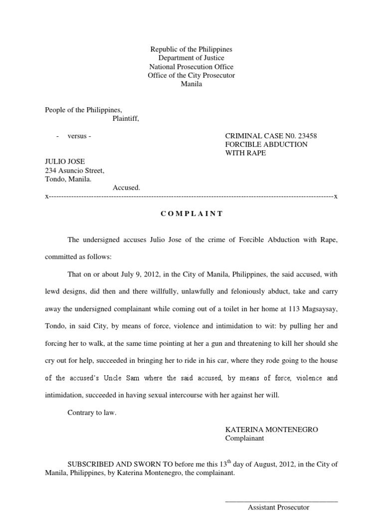 Criminal Complaint | Prosecutor | Rape