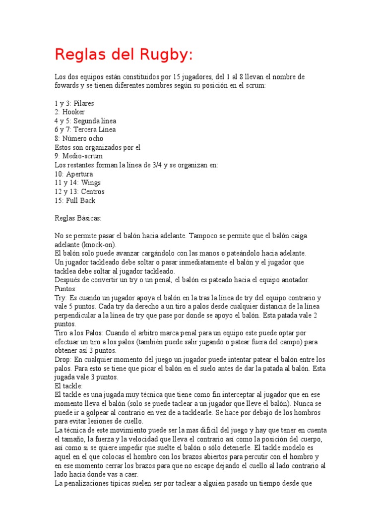 Reglas Basicas Del Rugby - Resumen | PDF | Fútbol rugby | Asociación de ...
