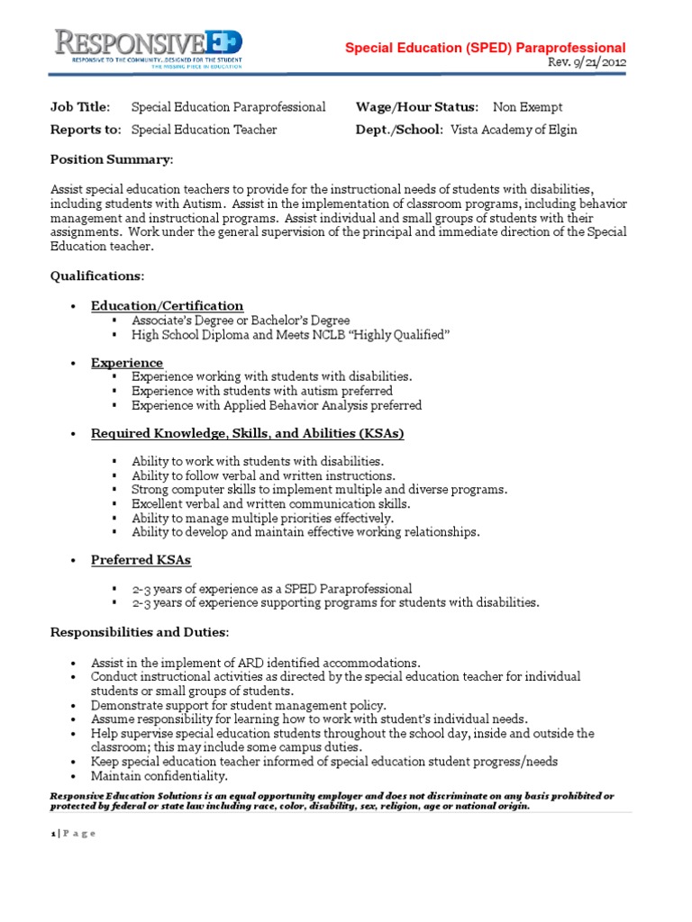 Special Education Paraprofessional Job Description for Elgin | Special ...