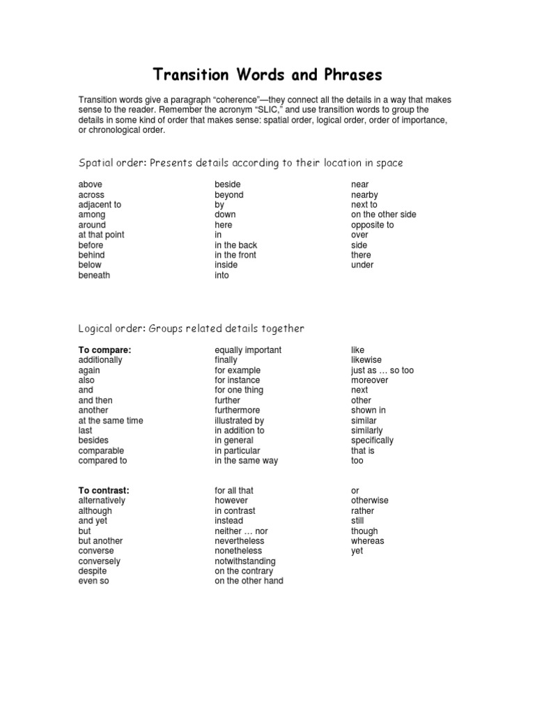 Essential Transition Words Guide | PDF