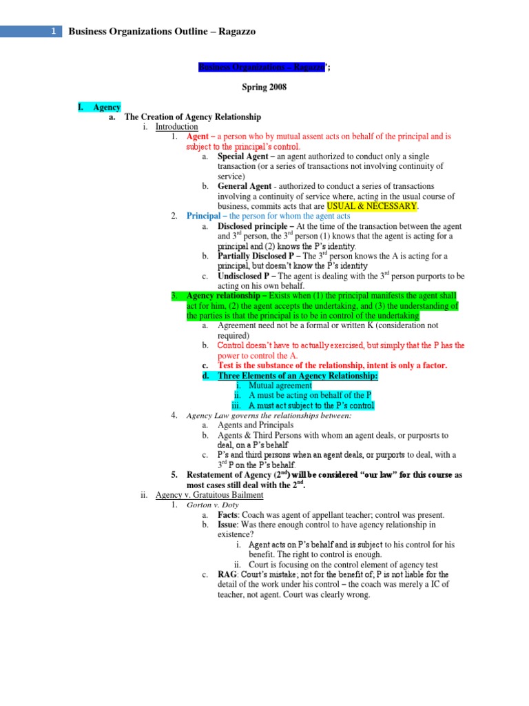 Another BA Outline | PDF | Law Of Agency | Partnership