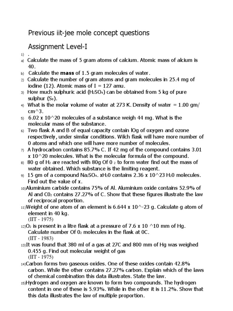 IIT-JEE Mole Concept Questions & Solutions | PDF | Chemical Compounds ...