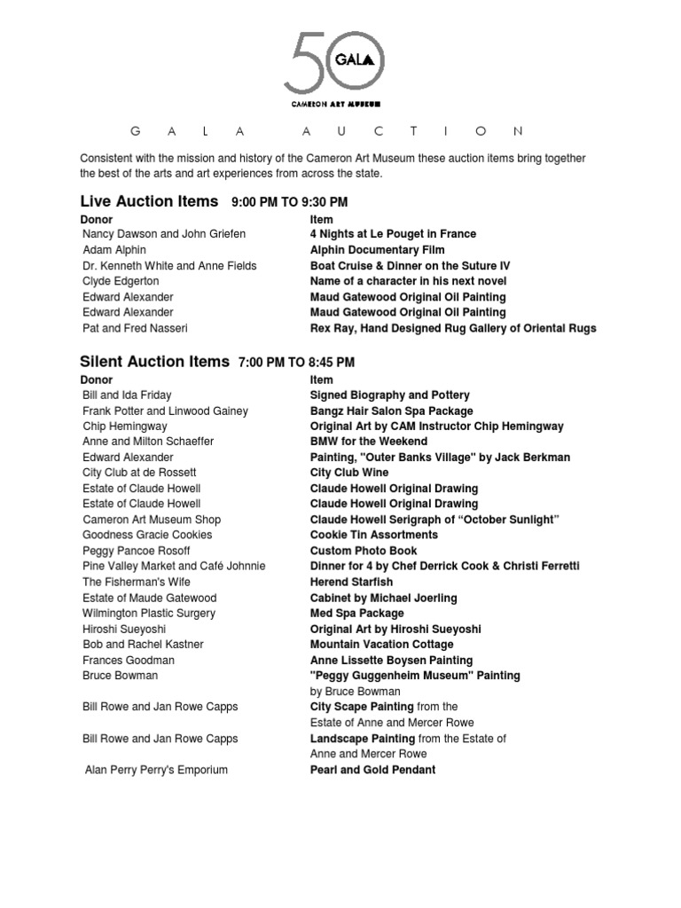 Gala Auction Items | PDF | Art Media | Arts (General)