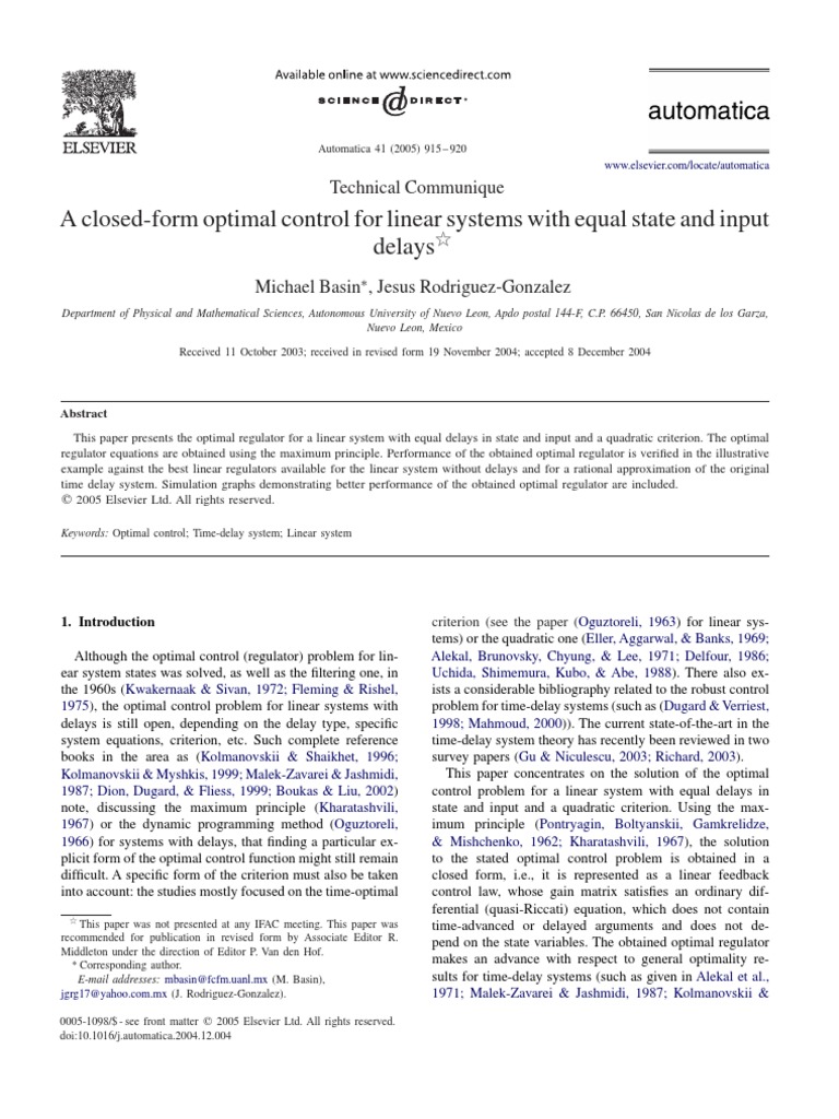 A Closed-Form Optimal Control For Linear Systems With Equal State and Input Delays | PDF ...
